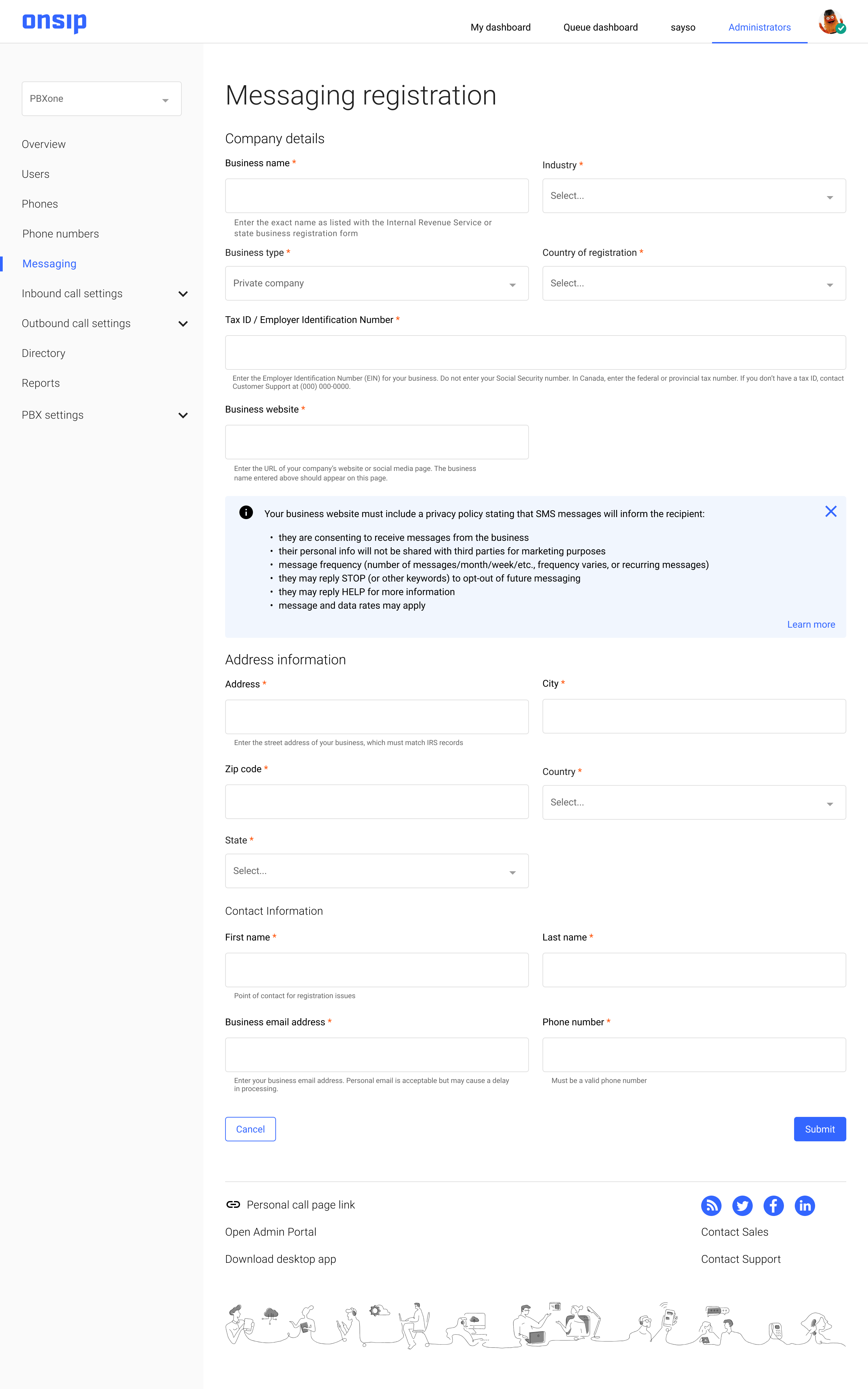 Messaging Registration Step 1- Company registration – OnSIP Support